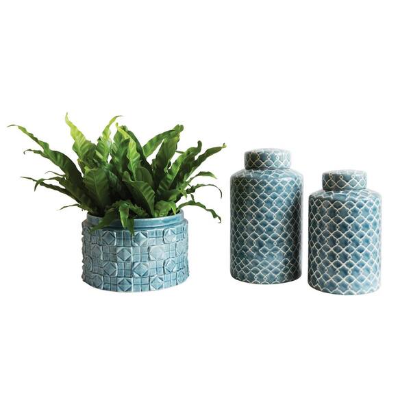 Storied Home Hand Painted Stoneware Ginger Jar with Lid in Blue and ...