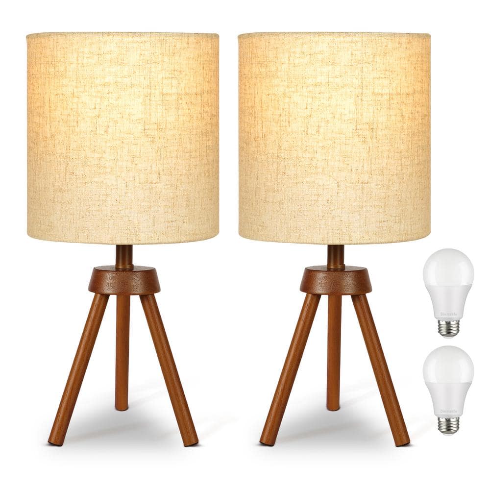 BICIK 14.5 in. Light Brown Wooden Tripod Table Lamp Set with Shade and ...