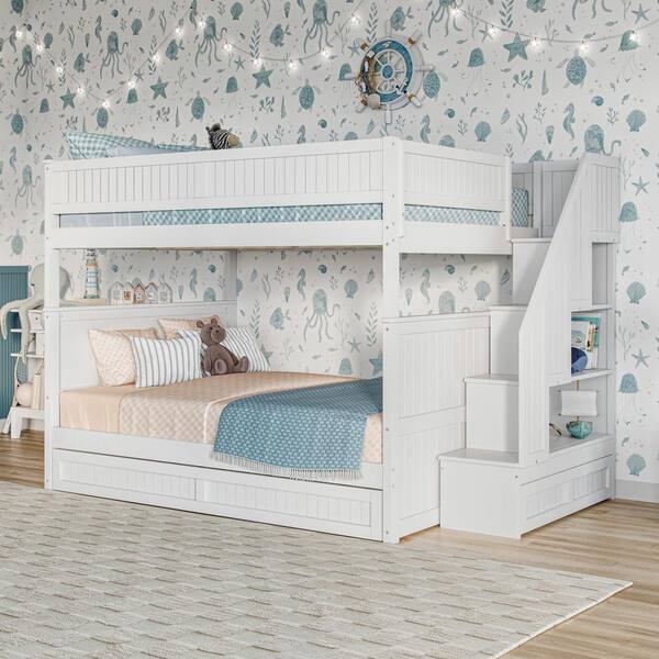 AFI Dover White Solid Wood Frame Full Over Full Staircase Bunk Bed with Storage Drawer and Twin Trundle AB68882