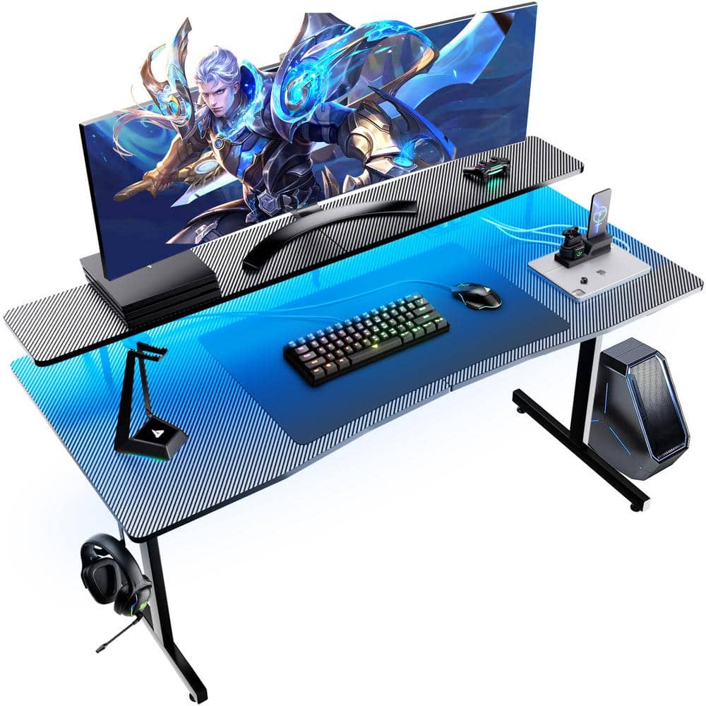 ComHoma 55 in. Wood Gaming Desk with Monitor Stand Black Computer Gamer ...