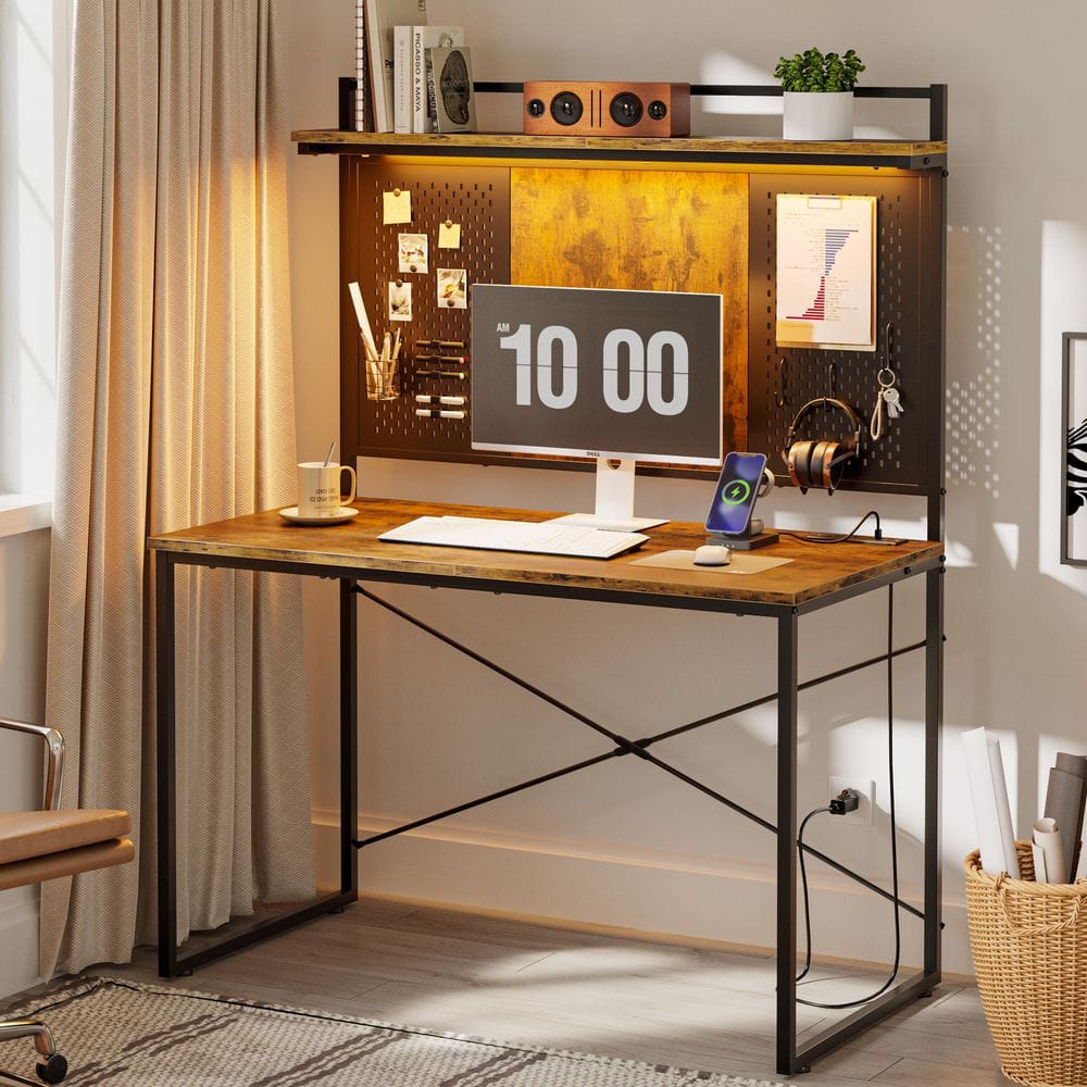 Bestier 40 in. Rustic Brown Computer Desk with Hutch and Power Outlet ...
