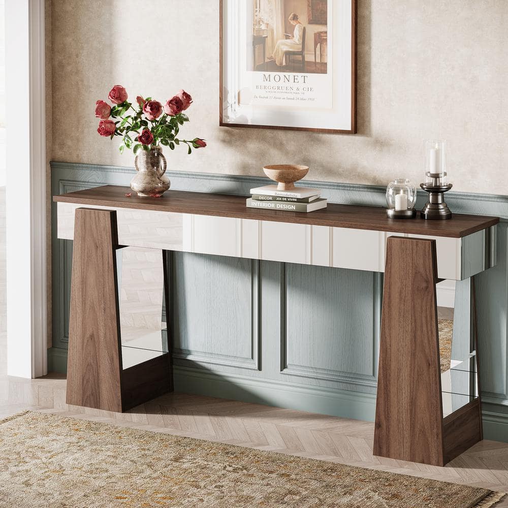BYBLIGHT Turrella 63 in. Brown Rectangle Wood Mirrored Console Table ...