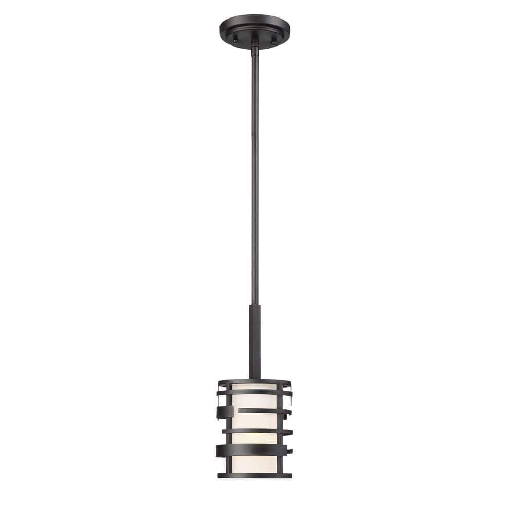 SATCO Lansing 100-Watt 1-Light Midnight Bronze Shaded Mini Pendant Light with Etched Opal Glass ...