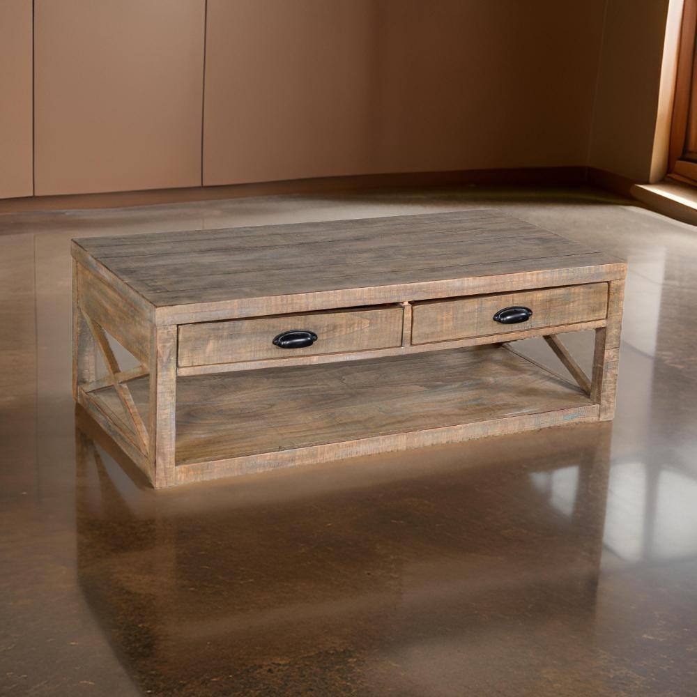Benjara 24 in. Brown Rectangle Wood Coffee Table with 2 Drawers ...
