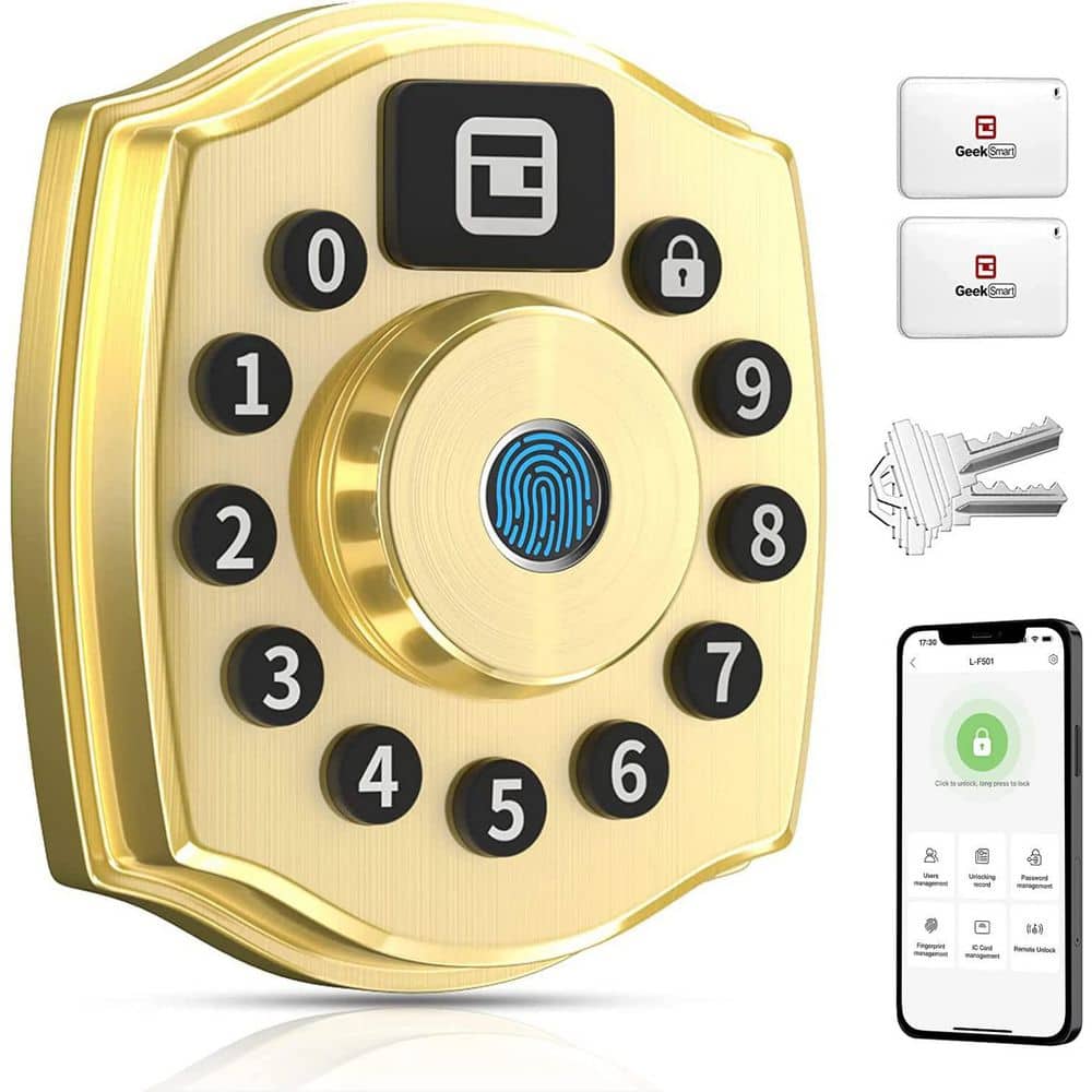 GeekSmart Aluminum Gold Smart Keyless Entry Door Knob Featuring Fingerprint, App, Virtual ...