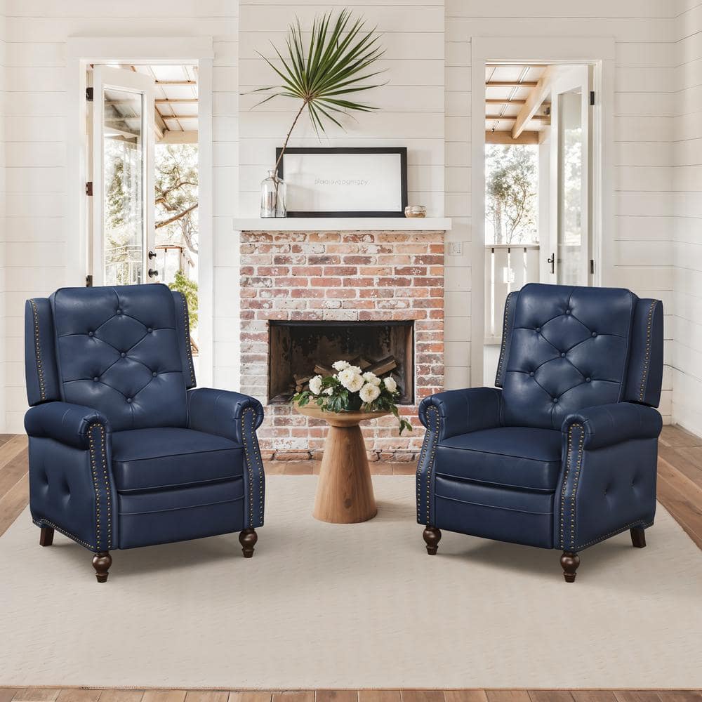 OrangeOne Alano Navy Top Genuine Leather Recliner Chair with Push Back Recliner with Nail Head ...
