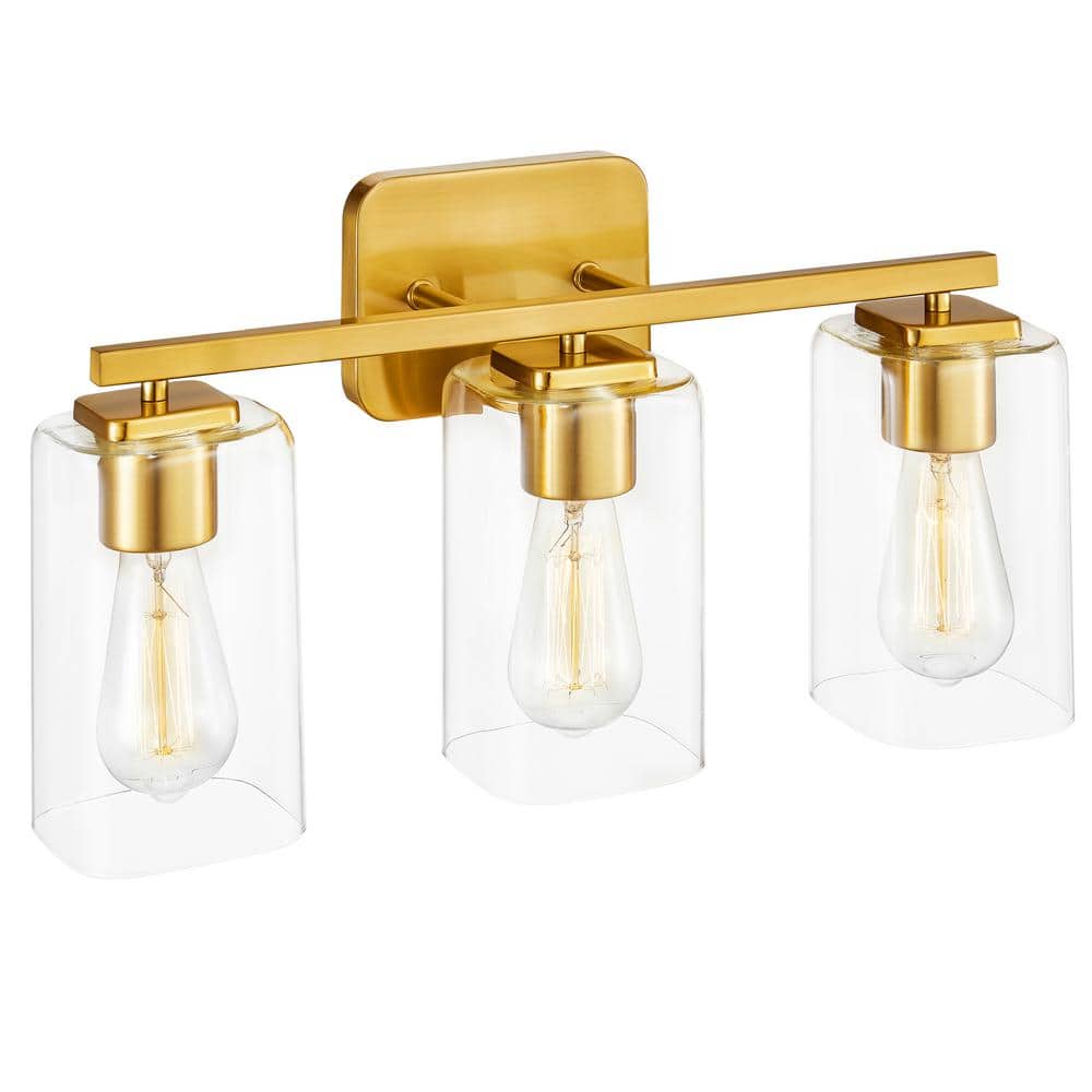 KAWOTI 21 in. 3-Light Antique Brass Clemmon Vanity Light with Square ...