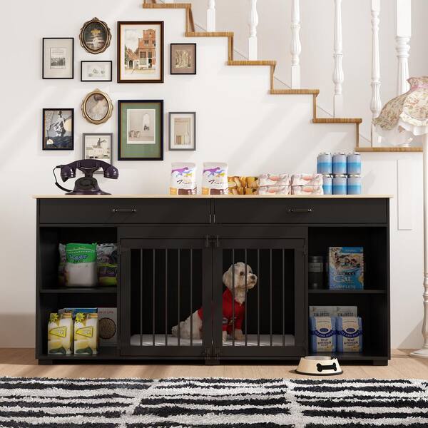 FUFU&GAGA Wooden Large Dog Crate Storage Cabinet, Heavy Duty Dog Kennel with 2 Drawers and ...