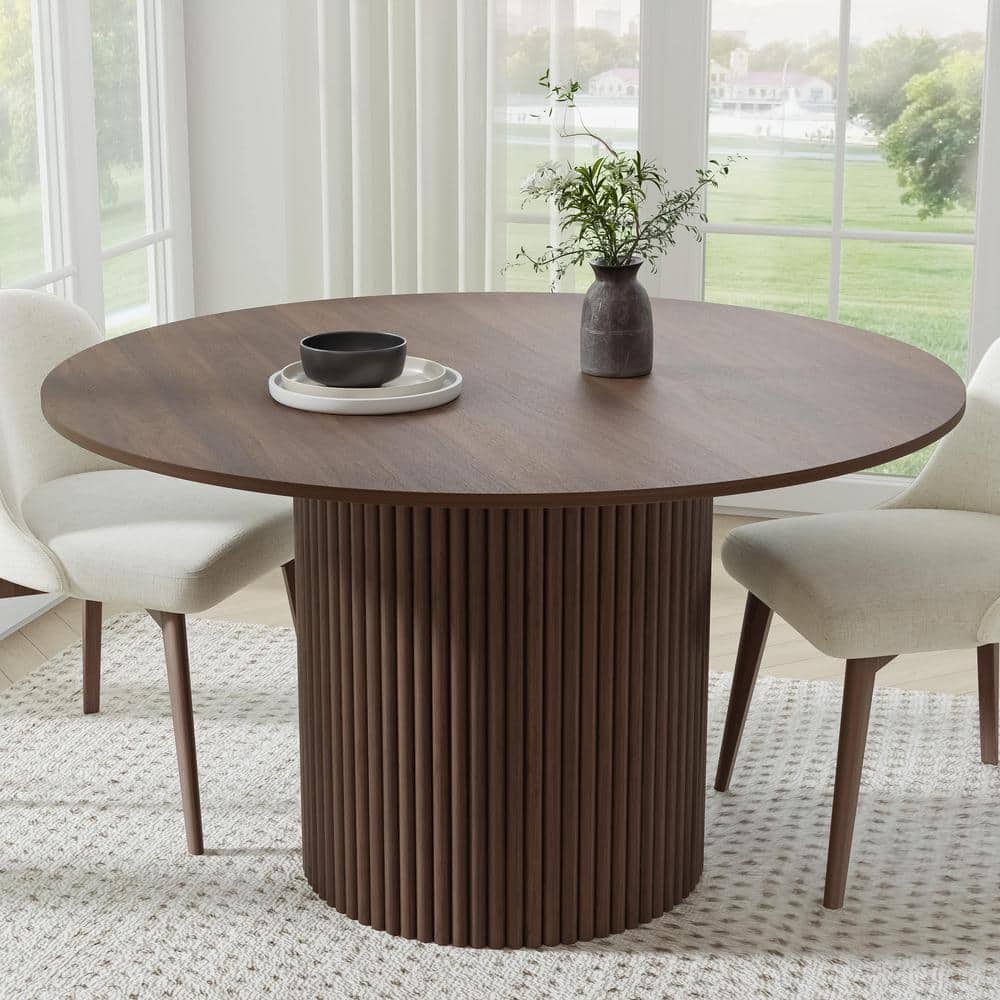 Lirago Cylindrical Walnut Coloured Wood 52 in. Column Base Dining Table ...