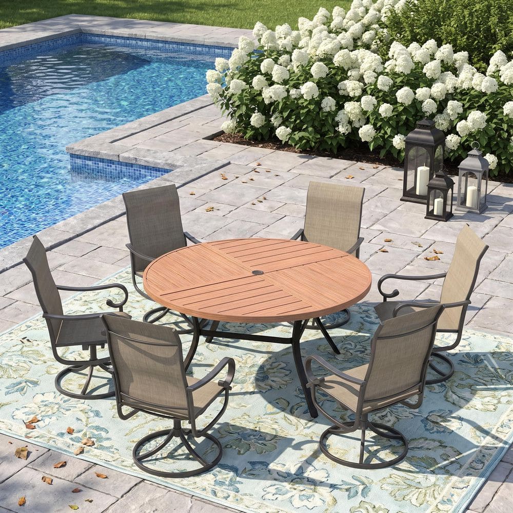 Erovio 7-Piece Metal Outdoor Dining Set with 53.1 in. Walnut Round Slat ...
