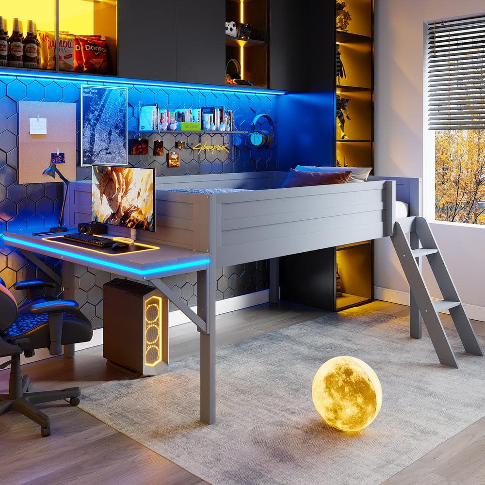 Harper & Bright Designs Gray Wood Full Size Gaming Loft Bed with Desk ...