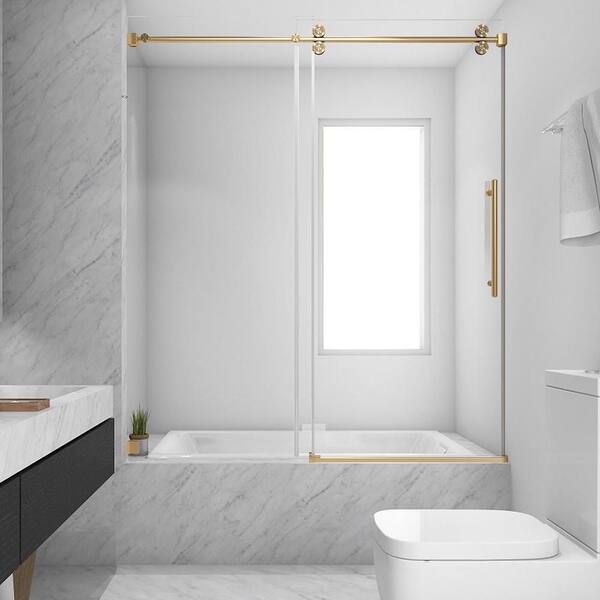 KZG 60 in. W x 60 in. H Single Sliding Frameless Tub Door in Brushed Gold with Clear 3/8 in ...