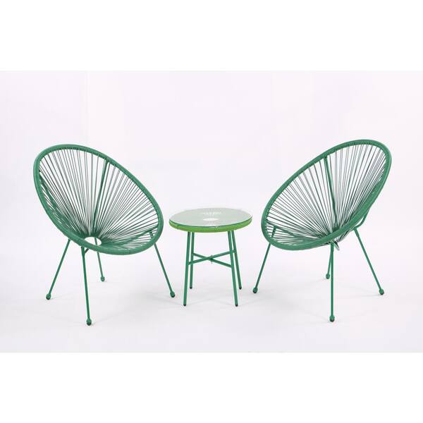 3 Piece Metal Outdoor Bistro Set with Side Table Acapulco All Weather Rattan Chair Set Flexible Rope Furniture Green