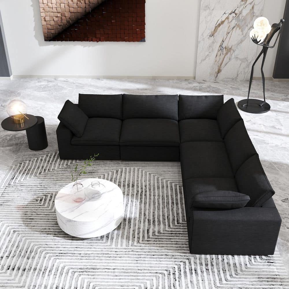 J&E Home 120 in. Square Arm Linen Deep Seat L Shaped 5-Piece Sectional ...