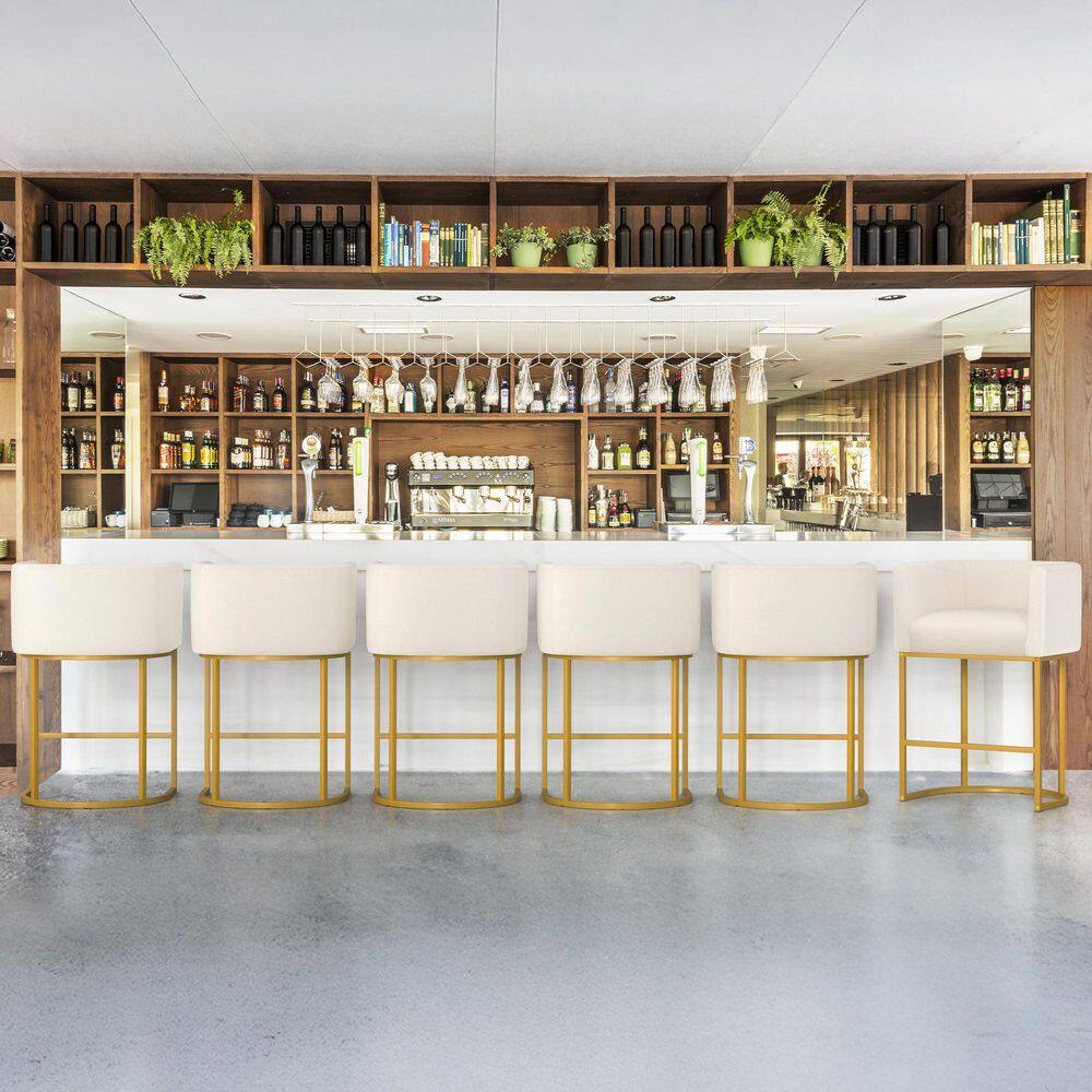 LUE BONA 26 in.Beige and Gold Low Back Bar Stool with Metal Frame ...