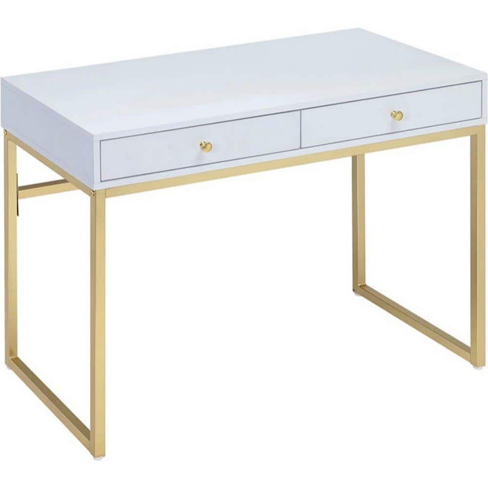 Benjara 19 in. W White and Gold 2-Drawer Wooden Writing Desk with Sled ...