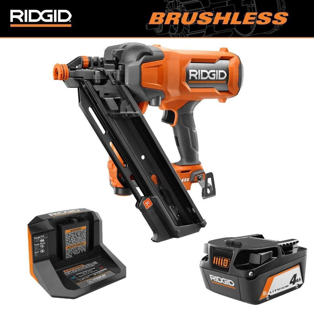 RIDGID 18V Brushless Cordless 30° 3-1/2 in. Framing Nailer Kit with 4.0 ...