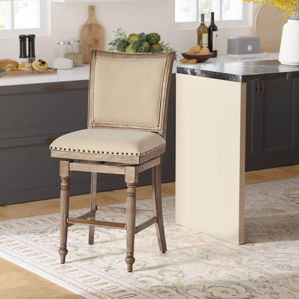 JAYDEN CREATION Johannes 26.25 in. Natural Farmhouse Wood Swivel Bar ...