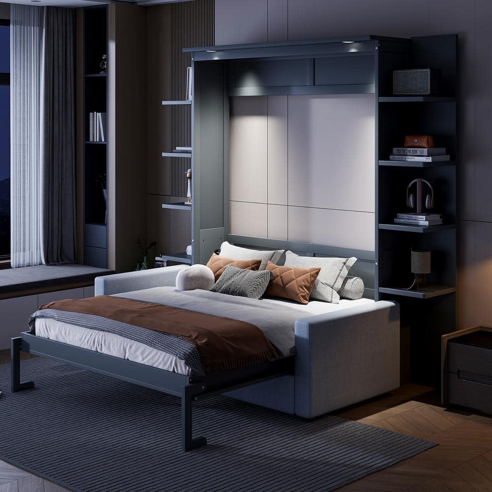 Harper & Bright Designs Gray Wood Frame Queen Murphy Bed Wall Bed with ...