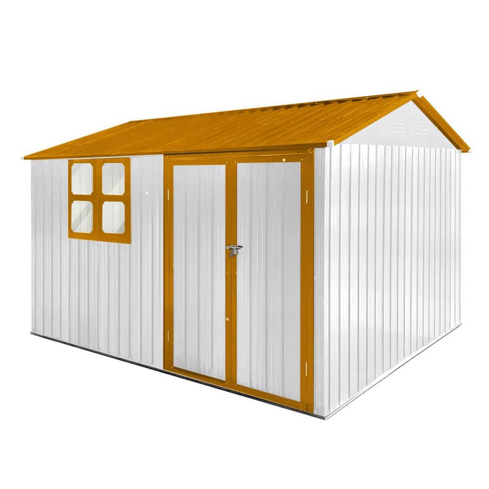 Sudzendf 10 ft. W x 8 ft. D White Plus Yellow Metal Shed with Double ...