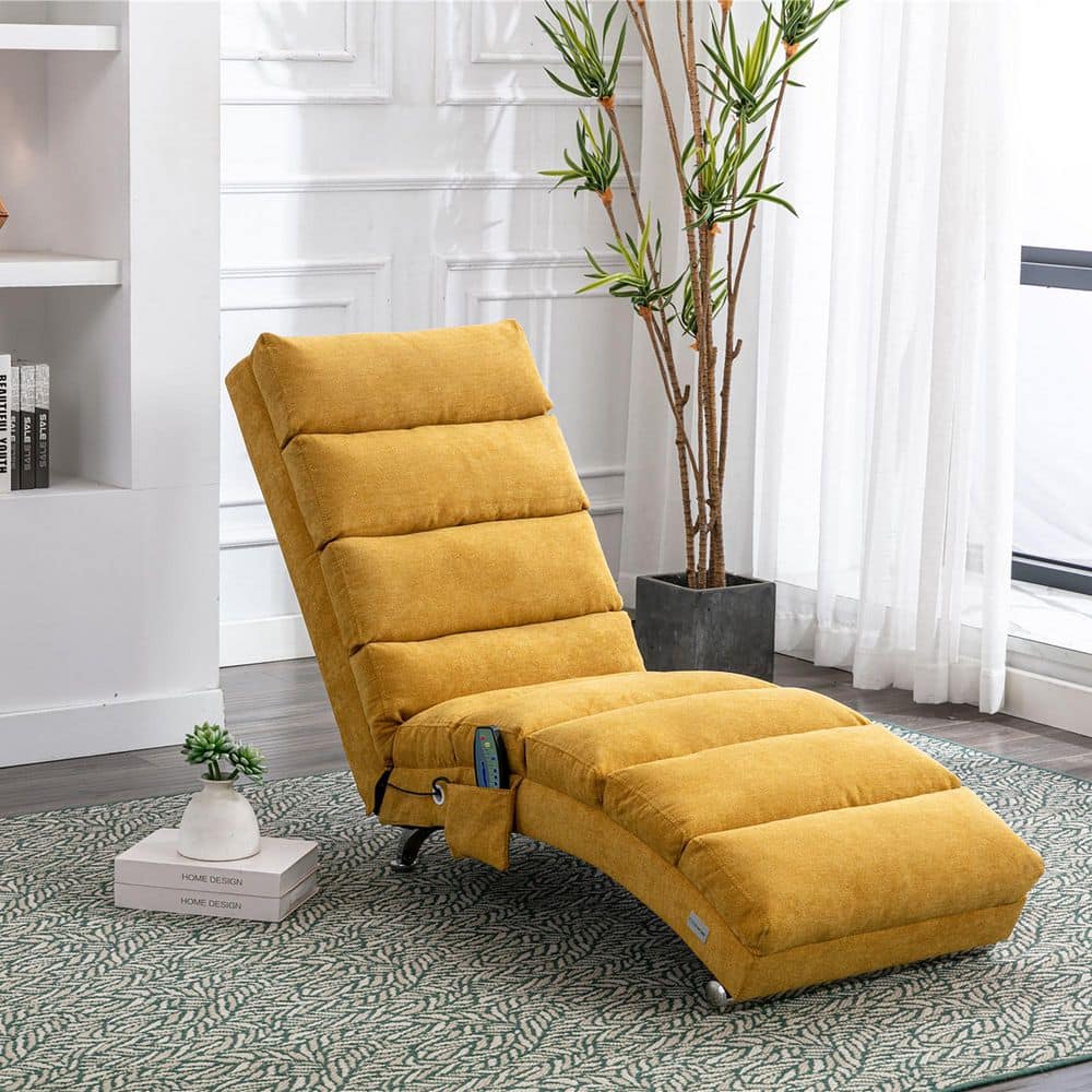 Seafuloy 58.27 in. Mustard Linen Recliner / Massage Chaise Lounge with ...