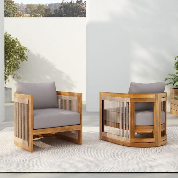 Wood Curved Outdoor Lounge Chair, Club Chair with Gray Cushion(2-Pack ...