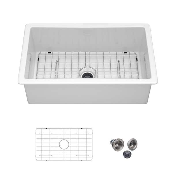 LORDEAR 30 in. x 18 in. White Fireclay Rectangular Single Bowl ...