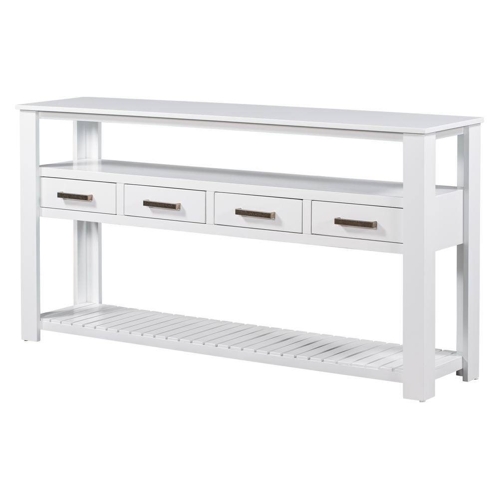 Polibi 62.2 in. White Rectangle Wood Console Table with 4-Drawers and 2 ...