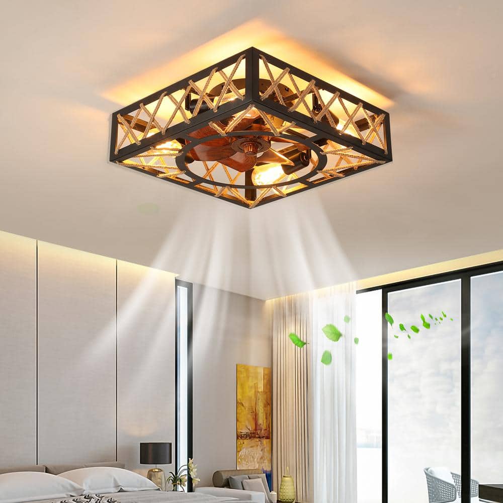 Magic Home 18 in. Square Caged Farmhouse Rustic Ceiling Fan Light with ...