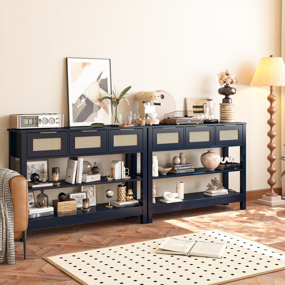 HOMEIBRO Set of 2 43.3 in. Blue Rectangle Wood Console Table with 3 Top ...