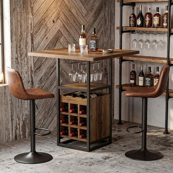 BYBLIGHT 37 in. H Wood Brown Square Counter Height Bar Table Seats 4 ...
