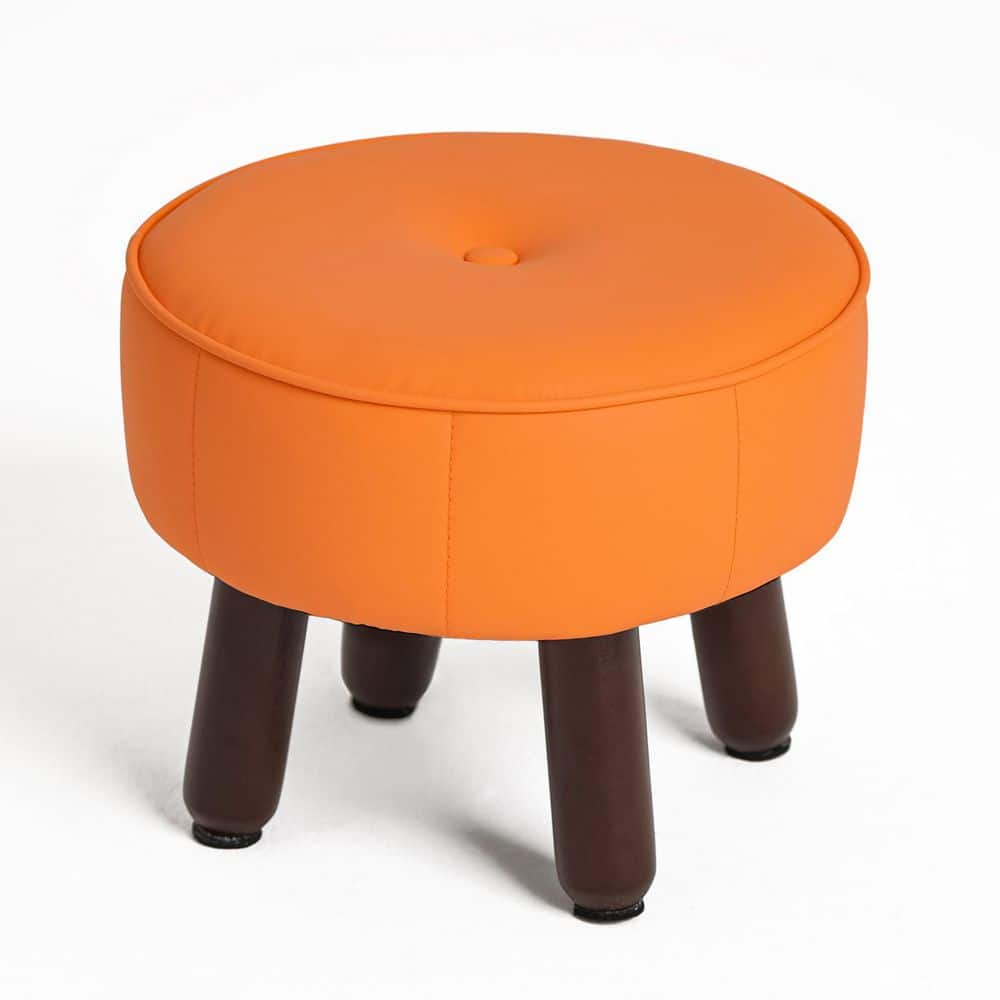 Orange Faux Leather Upholstered Round Small Pouf Ottoman Footstool with ...