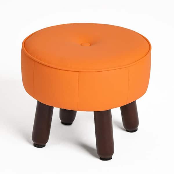 Orange Faux Leather Upholstered Round Small Pouf Ottoman Footstool with ...