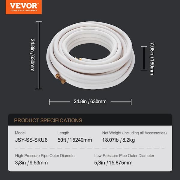 VEVOR 50 ft. Mini Split Line Set 3/8 in. and 5/8 in. O.D Copper Pipes ...