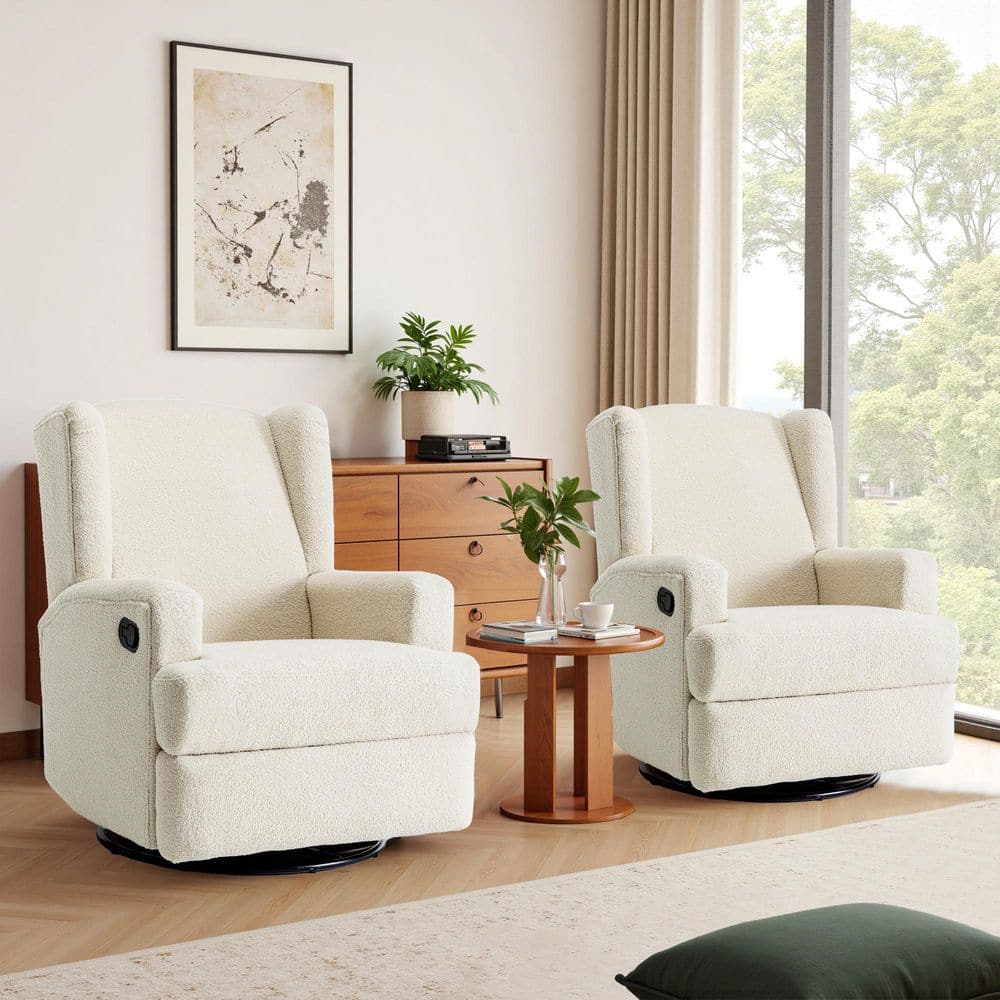 Uixe Luxury Cream Teddy Fabric Wingback Manual Swivel Recliner with ...