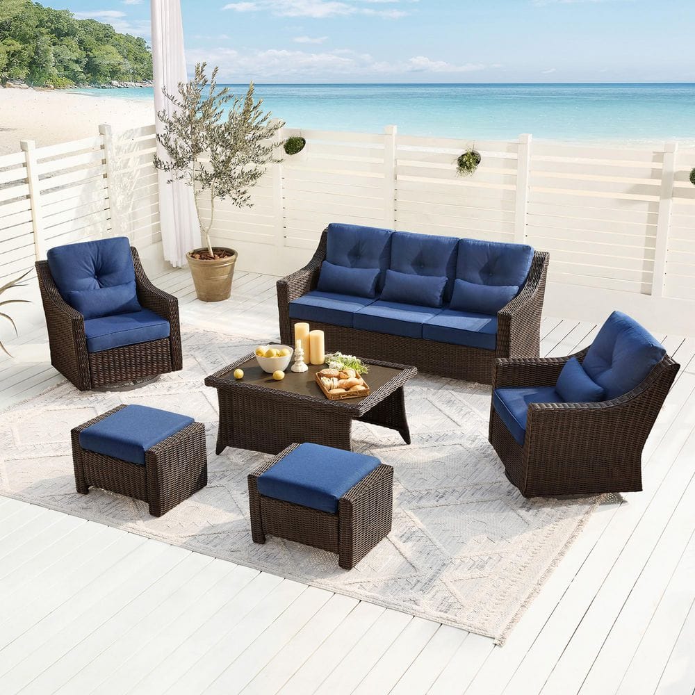Spruce & Spring Thaddeus 6 Pieces Chestnut/Blue Fabric Wicker Living ...