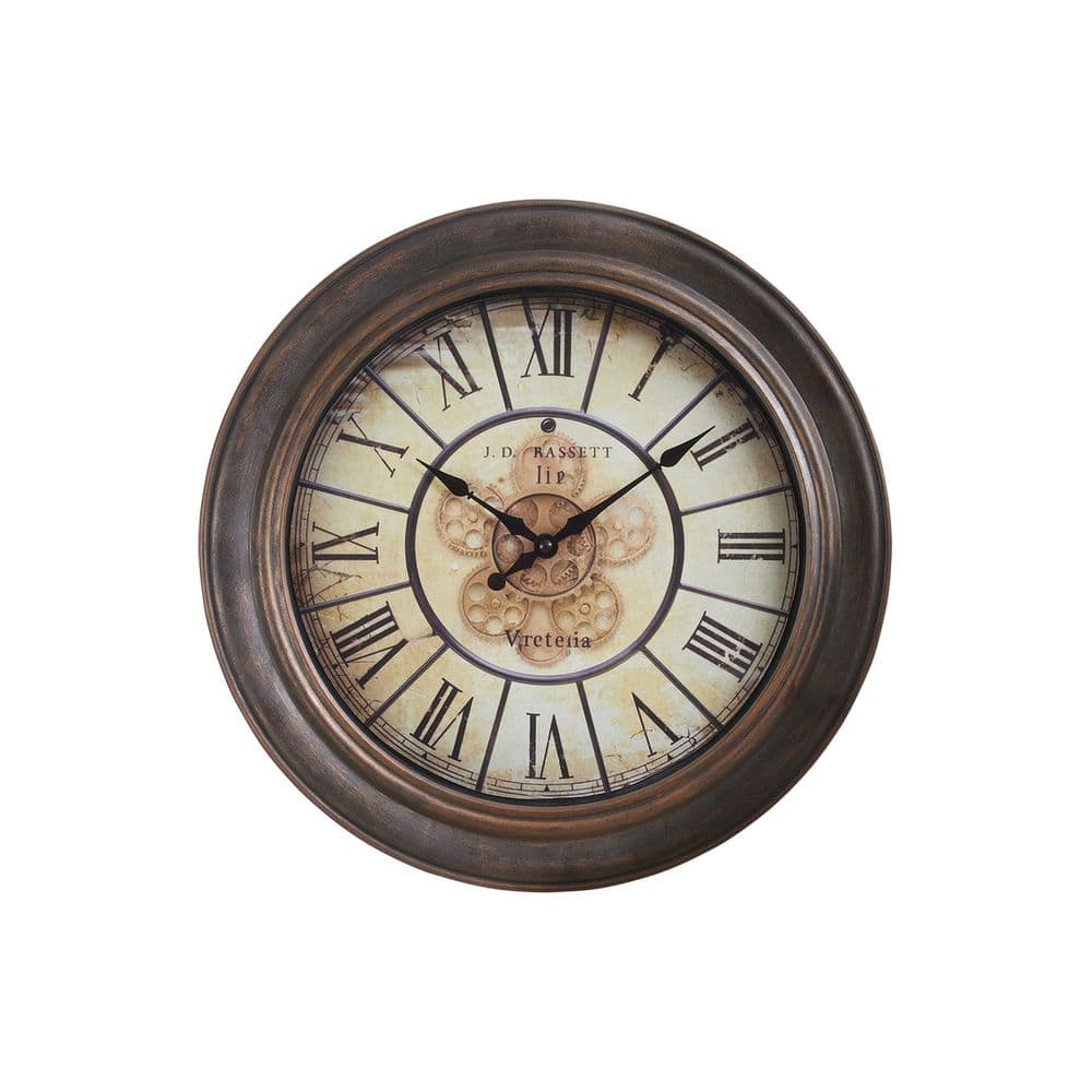 15 in. Antique Brown Vintage Round Wall Clock with Printed Gear, Roman ...