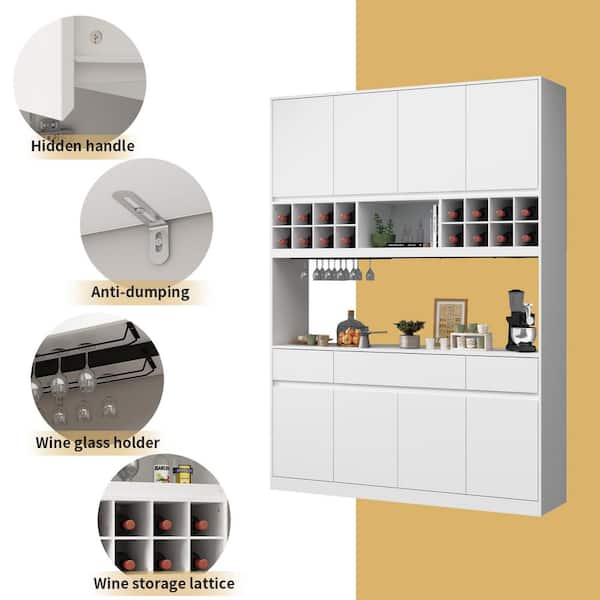 FUFU GAGA 4 in 1 White Wood Wine Cabinet Bar Kitchen Wine Rack With Doors Drawers Adjustable Shelves and Wine Storage KF020280 012 KPL