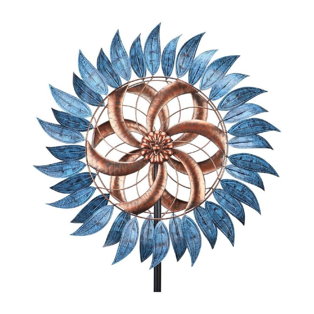 74 in. Blue Metal Large Two-Way Wind Spinner for Garden Patio Yard ...