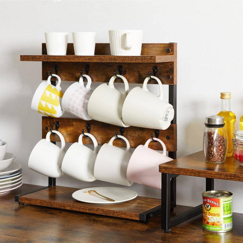 Numhew 2-Tier Rustic Brown Countertop Mug Tree Holder Rack with Storage ...