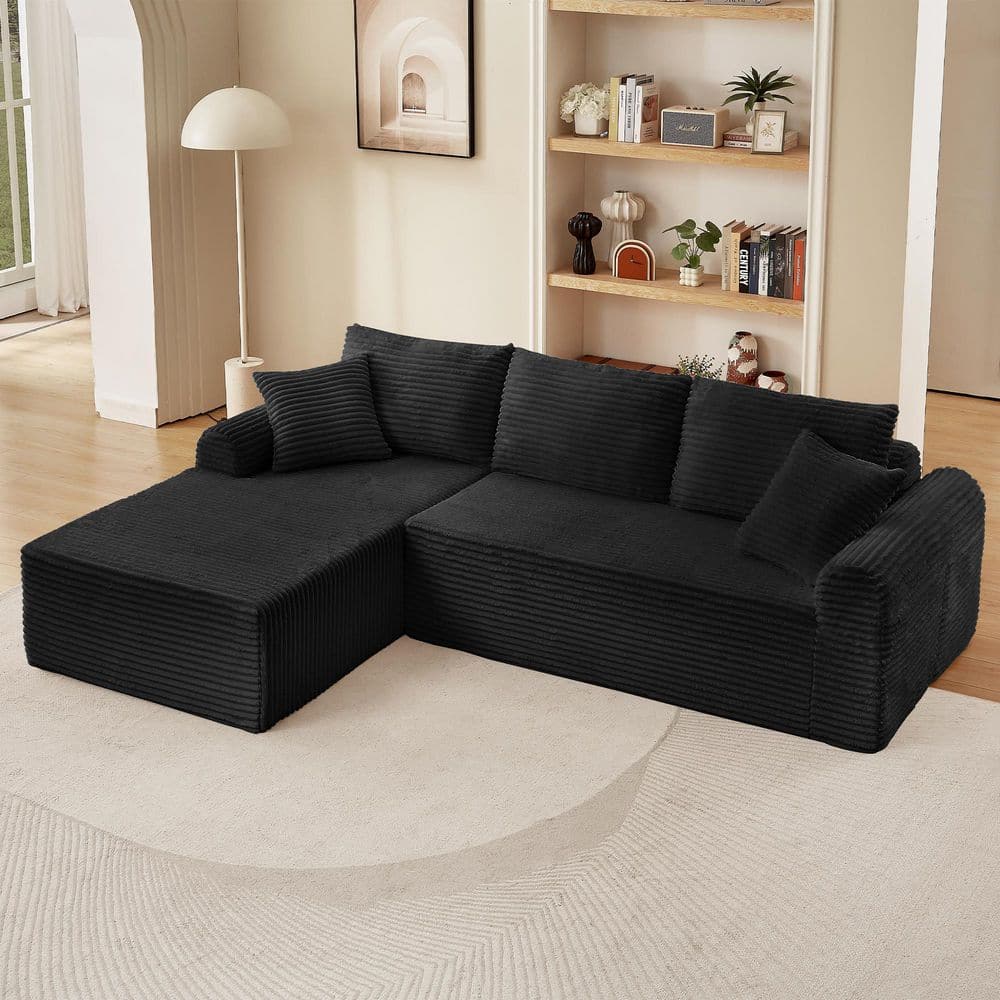 Qualler 103 in. Corduroy Full Compression Sectional Sofa in Black, No ...