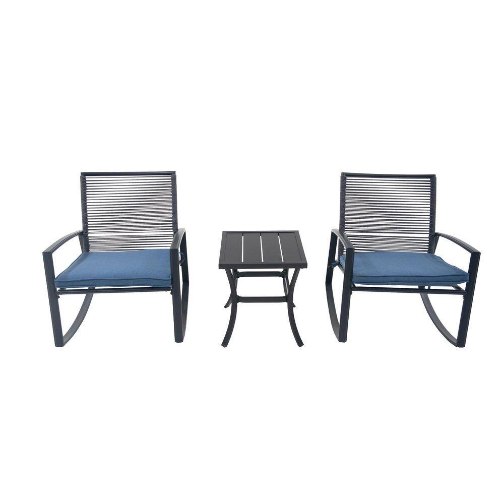 3-Piece Black Metal Patio Conversation Set with Blue Cushions and ...