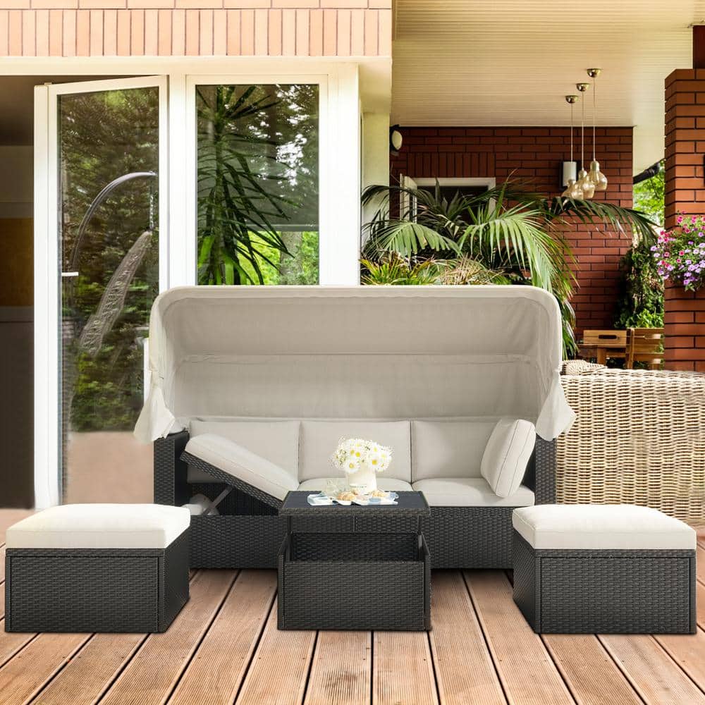 Tunearary Grey Wicker Patio Rectangle Outdoor Day Bed with Canopy ...