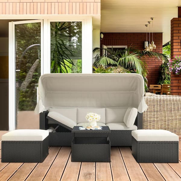 Tunearary Grey Wicker Patio Rectangle Outdoor Day Bed with Canopy ...
