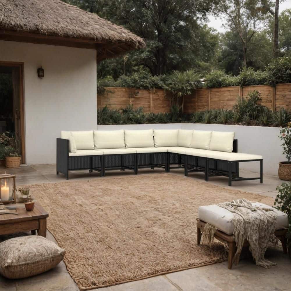 Benjara 7-Piece Black and Cream Wicker Rattan Outdoor Modular Sectional ...