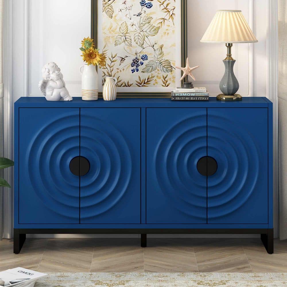 Polibi Navy Blue Wood 58.2 in. Sideboards with Stunning Water Wave Door ...