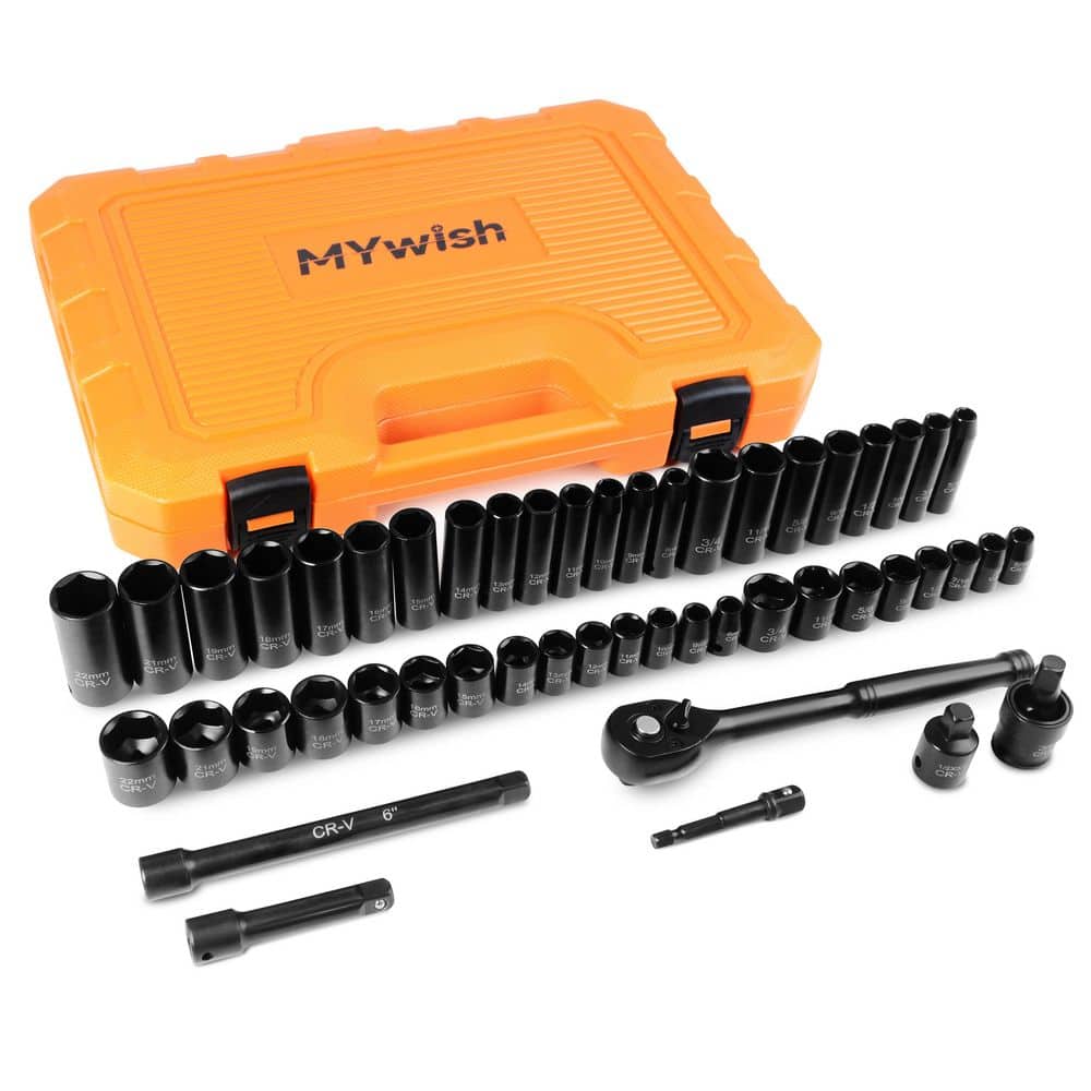 MYWISH 3/8 in. Drive SAE/Metric Ratchet and Socket Set (50-Piece) with Carrier Included, 6 Point ...
