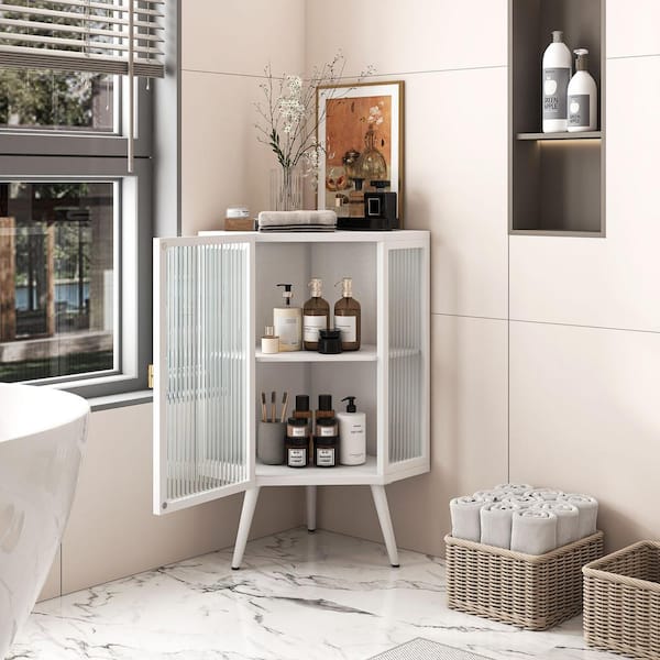 Miscool Anky 22.25 in. W x 16.54 in. D x 31.5 in. H White Metal Freestanding Linen Cabinet Glass Plus Corner Bathroom Storage BSCHD100159