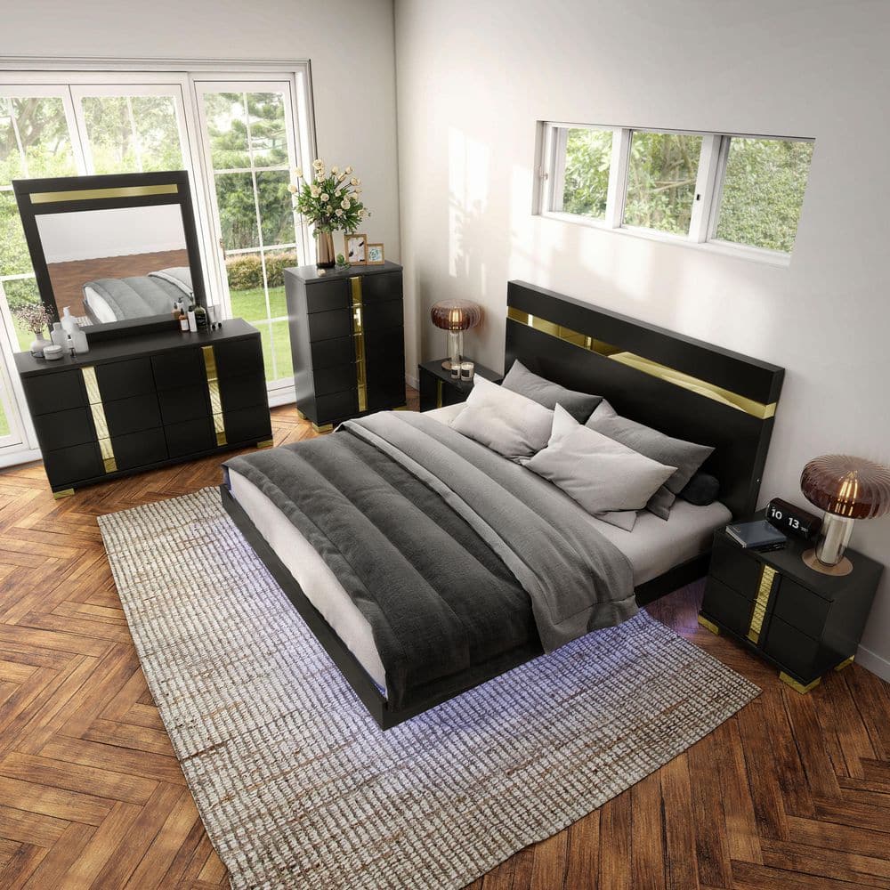 Furniture of America Nina 6-Piece Black and Gold Trim Wood Frame King Platform Bedroom Set with ...