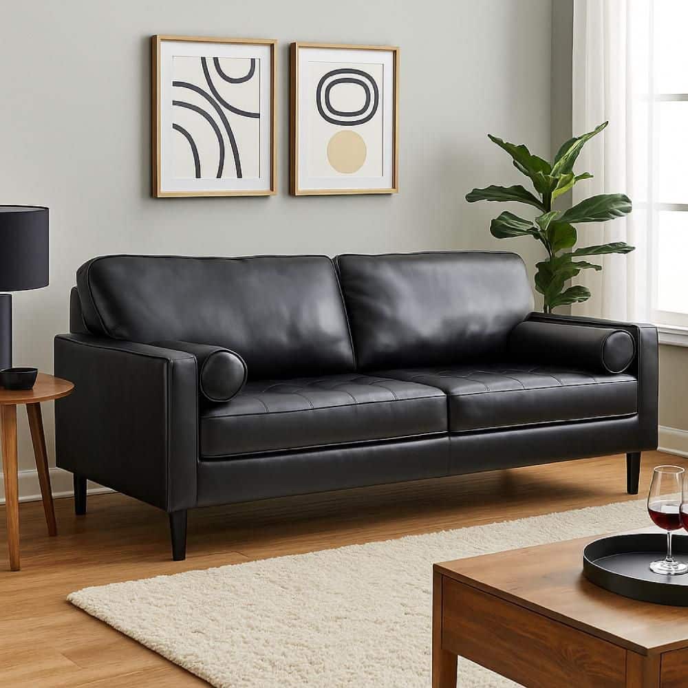 Benjara Bryc 87 in. Square Arm Faux Leather Rectangle Loose Back Sofa ...